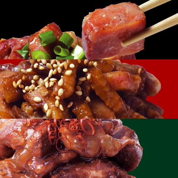 脂に甘みと旨みを含んだ豚肉に沖縄県久米島産の「琉美の塩」でじっくり味付けた、豚肉あぐー塩ダレ。沖縄県産シークヮーサー入りのたれでじっくり煮込んだ、スパイシーシークヮーサーチキン。砂糖や醤油などで作ったタレでじっくり煮込んだ、ピリ辛軟骨ソーキ...