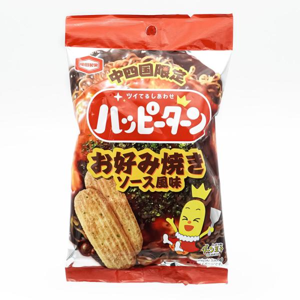 お好み焼きソースの酸味と香ばしい味わいのパウダーがアクセントの中四国限定のハッピーターン。食べきりサイズで、お配り土産にもおすすめです。- 内容量：34g- サイズ：袋サイズ：約21×12.5×2.5cm※この商品はメーカーから直送にてお届...