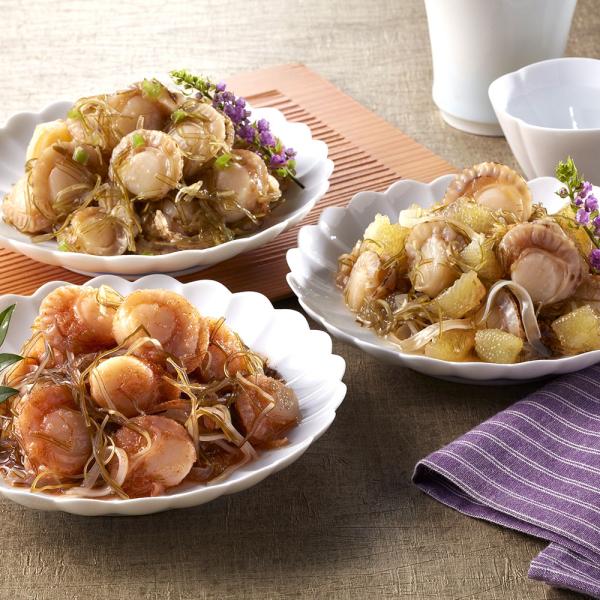 国産ほたてを使った松前漬・明太松前漬・わさび漬けの３種類の味わいと風味を一度に味わえるセットです。ご飯のお供として、お酒の肴としてお楽しみください。