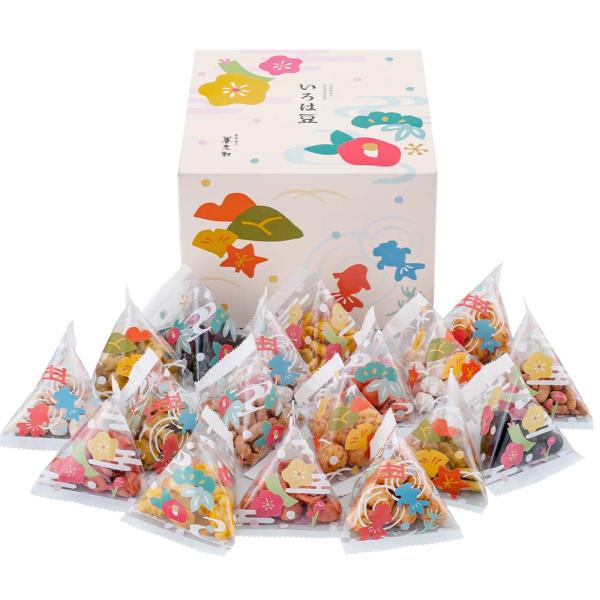京都の和菓子店が監修した彩り豊かな豆菓子セット。定番の紅白大豆やわさび豆、えび塩アーモンドなど、甘味系から塩味系まで多彩なラインナップをお楽しみいただけます。華やかで彩り豊かなデザインの個包装は、贈り物にもぴったり。