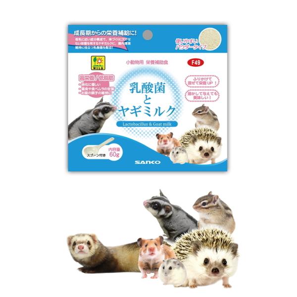使いやすいパウダータイプの小動物用栄養補助食品乳酸菌とヤギミルク内容量：60ｇ　(スプーン付)・対象生体：フクロモモンガ・ハリネズミ・ハムスター・シマリス・フェレット等の小動物腸内環境の維持に役立つ乳酸菌とヤギミルクの豊富な栄養を手軽に美味...