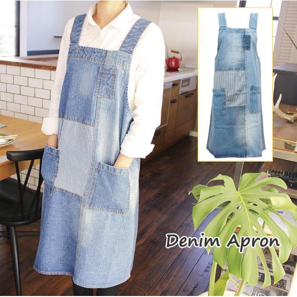 ●パッチワークデニムプルオーバーエプロン●デニムの温かみとダメージ加工とパッチワークのデザインが目を引くおしゃれなエプロン●キッチンでの料理はもちろん、厚めのしっかりした生地なのでガーデニングやアート・クラフト、バーベキューやキャンプなどさ...