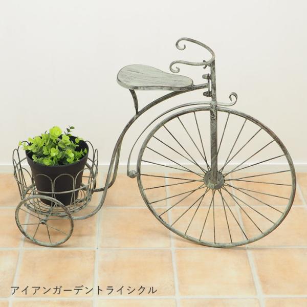 ●アイアンガーデントライシクル●ガーデンをおしゃれに演出する三輪車型のフラワースタンドです。バスケットにお気に入りの鉢花や小物などを飾ったり、つる性の植物を絡ませたり、アレンジも楽しめます。●ココヤシファイバーや麻布を敷けば、プランターとし...