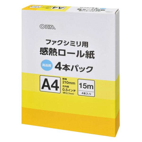【 特 長 】● 高品質なファクシミリ用感熱ロール紙【 仕 様 】■ A4サイズ・15m■ 紙幅：210mm■ 芯内径：0.5インチ（約12.7mm）■ 4本入り