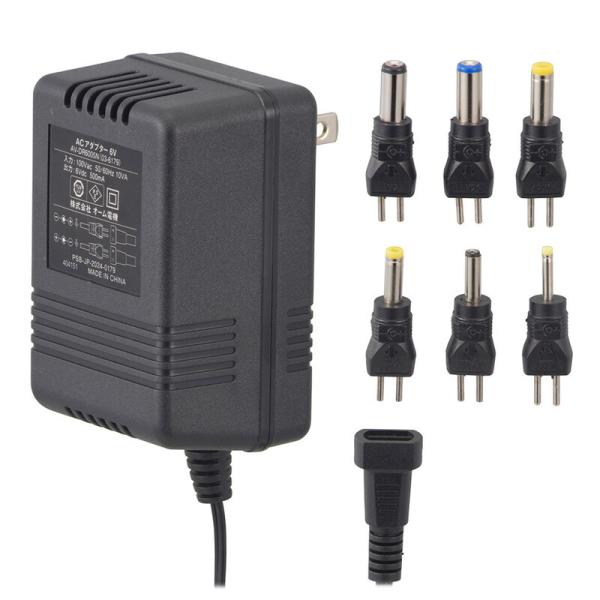 【 特 長 】● DC6V（500mAまで）の外部電源端子付家庭用電気製品にお使いいただけるACアダプターです● 接続端子の形状規格に応じて6タイプの変換プラグが付属しています● ポータブル機器専用● 安定化電源回路搭載● 両極性対応【 仕...