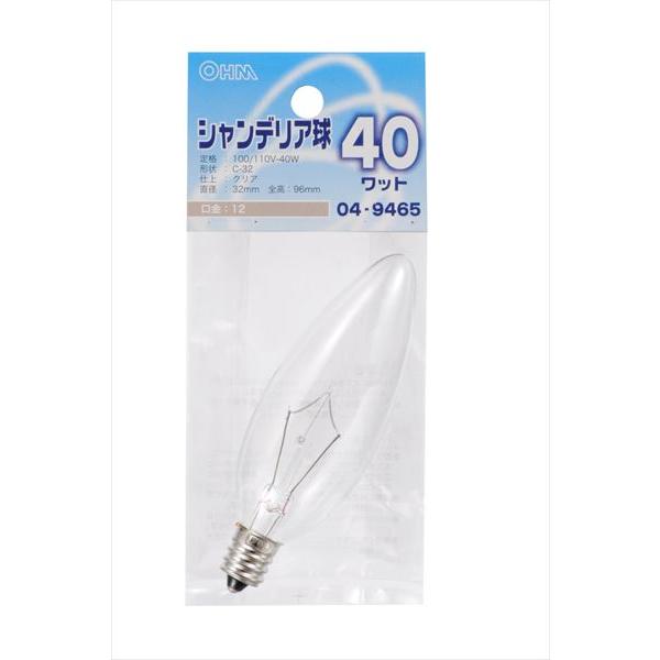 【 仕 様 】■ 口金：E12■ 定格：100／110V-40W■ 形状：C-32■ 仕上：クリア■ サイズ：直径32mm×全高96mm※ 屋内専用(屋外使用禁止）
