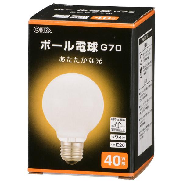 【 特 長 】● 口金E26、40W形の白熱ボール電球● ホワイト仕上げ● 光源色は電球色● 調光（明るさ調節）機能対応【 仕 様 】■ 寸法：外径70mm×全長100mm■ 質量：37g■ 定格消費電力：40W■ 定格入力電流：0.40A...