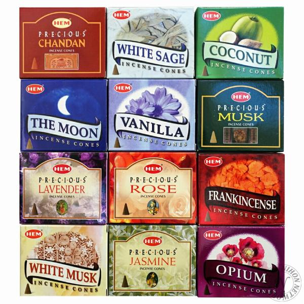 HEMコーン香12種類の香りが入ったアソートセットです♪《香りの種類》P.チャンダン/P.ムスク/バニラ/ココナッツ/P.ジャスミン/P.ローズ/オピウム/ホワイトムスク/P.ラベンダー/ムーン/フランキンセンス（カナビス）/ホワイトセージ...