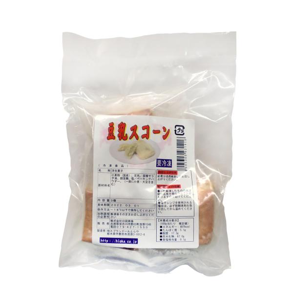 豆乳をたっぷり使用し、ソフトに仕上げたスコーンです。原材料：小麦粉（国産）、豆乳、菜種サラダ油、甜菜糖、塩／ベーキングパウダー、（一部に小麦・大豆を含む）　内容量：3個　販売者：日岡商事