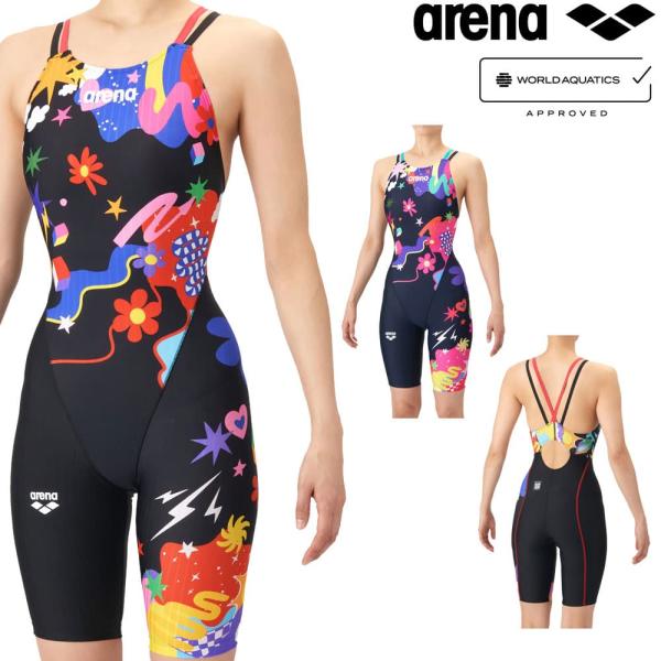 アリーナ ARENA 競泳水着 レディース WA承認モデル AQUA RACING ECO AQUA STRIPE ダブルストラップ VIBRANT WEATHER レーシングワンピーススパッツ オープンバック ハーフレッグ オールインワン...