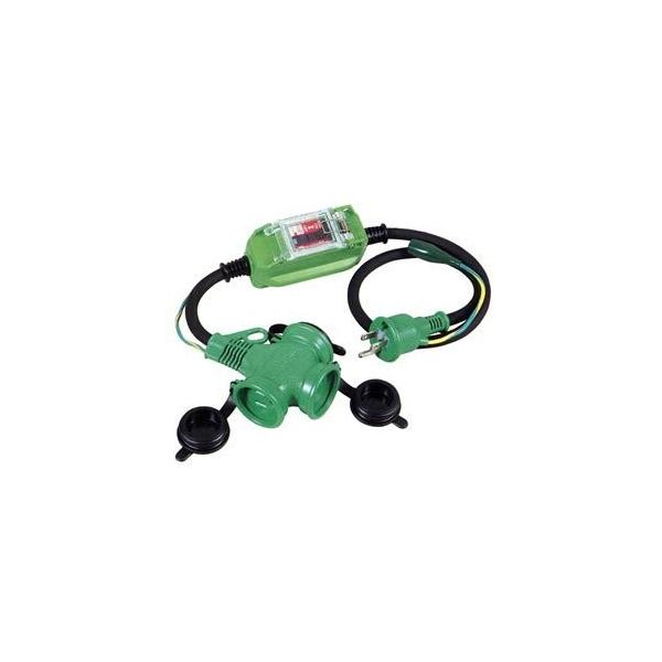 お持ちの防雨型の工具や延長コードにつなぐだけで、雨天の屋外でも安心して使用できます。 仮設照明・庭園灯・水中ポンプ・屋外での工具などの使用に最適です。電線長さ:1m　プラグ側：0.7m コンセント側：0.3m 防雨型コンセント 通電部を、水...