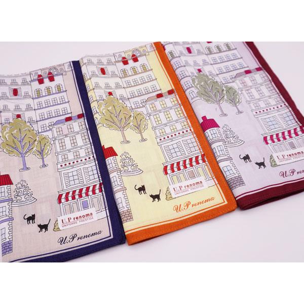 U.P renoma ハンカチ レディース 黒猫＆パリ街並み柄  50×50cm 日本製 レディース 女性 ビジネス 学生 おしゃれ プチギフトレディース　ブランド　　ギフトプレゼントとして　お値頃でたくさんの人に配りたいなどにおすすめお世...