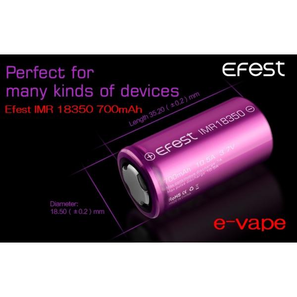 Efest IMR 18350 700mAh 10.5A18350規格のEfest製バッテリー。複数購入の場合同一ロットの商品をお送りいたします通常 3.7VPulse 10.5A内容量 700ｍAh 当店は電気用品安全法が定める経済産業省...