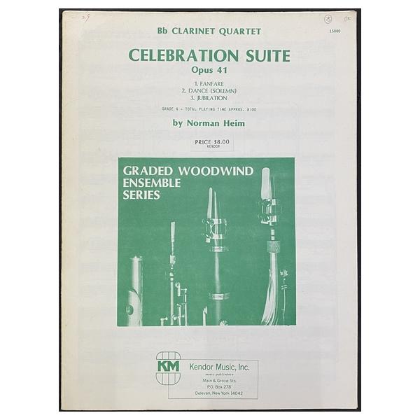 曲名：CELEBRATION SUITE Opus 41作曲：Norman Heim編成：クラリネット 4重奏 (4B♭Cl)スコア＋パート譜FANFAREDANCE (SOLEMN)JUBILATION新品ではありますが長期在庫品の為軽微...