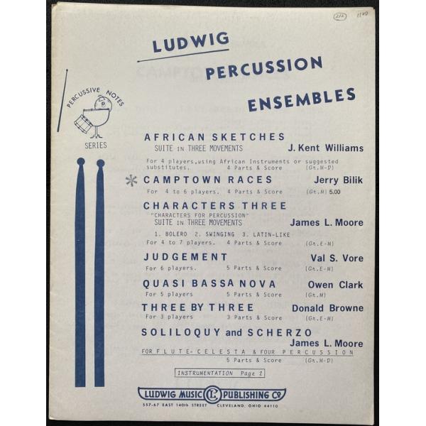 曲名：CAMPTOWN RACES作曲：by Jerry Bilik編成：打楽器4重奏(Bells,S.dr,Vibes,Xylophone,Cowbell,WoodBlock,Triangle,Timp,TempleBlocks)スコア＋...
