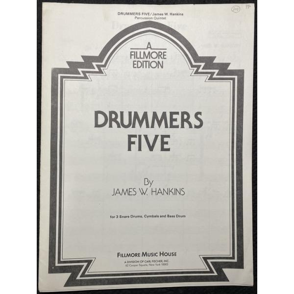曲名：DRUMMERS FIVE作曲：JAMES W. HANKINS編成：打楽器5重奏(3S.dr,B.dr,Symb)スコア＋パート譜新品ではありますが長期在庫品の為軽微な汚れ/変色/角折れが御座います。予めご了承の上お買い求め下さいませ。