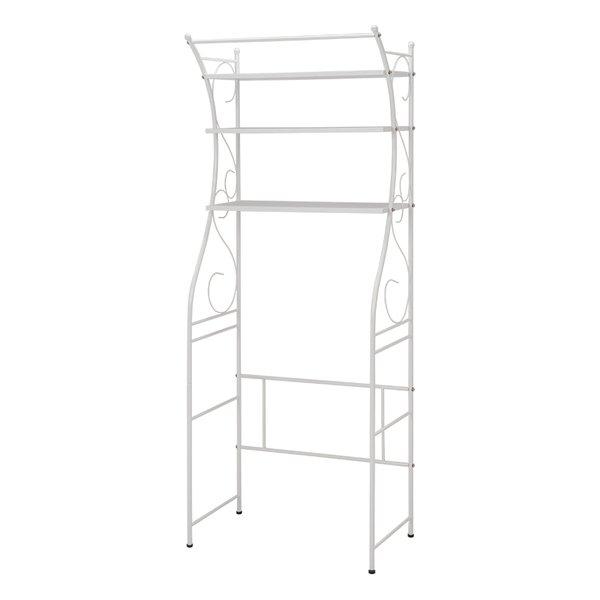 アイアンの曲線がエレガントで、デッドスペースを有効活用できる洗濯機ラック。上のバーは室内干しにも使えます。