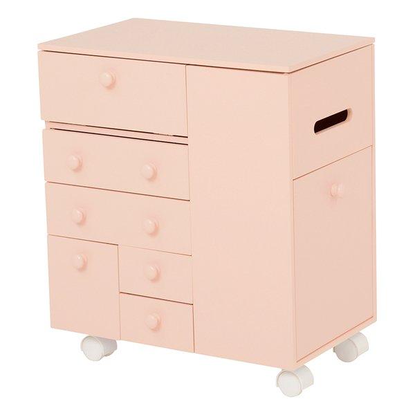 大容量のコスメワゴン。ボックスティッシュ収納やダストボックス付きで散らかりません。キャスター付きで移動も楽々。