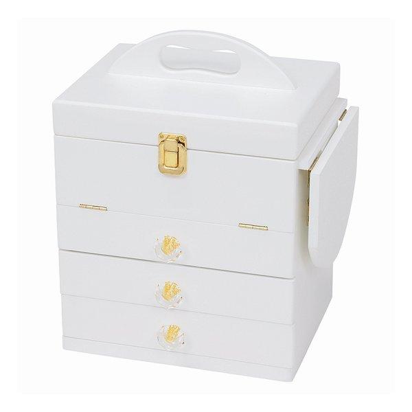 クリスタル型の取っ手が可愛い！三面鏡がついた大容量のコスメボックス。サイドにバタフライ式のミニテーブルも付いています。