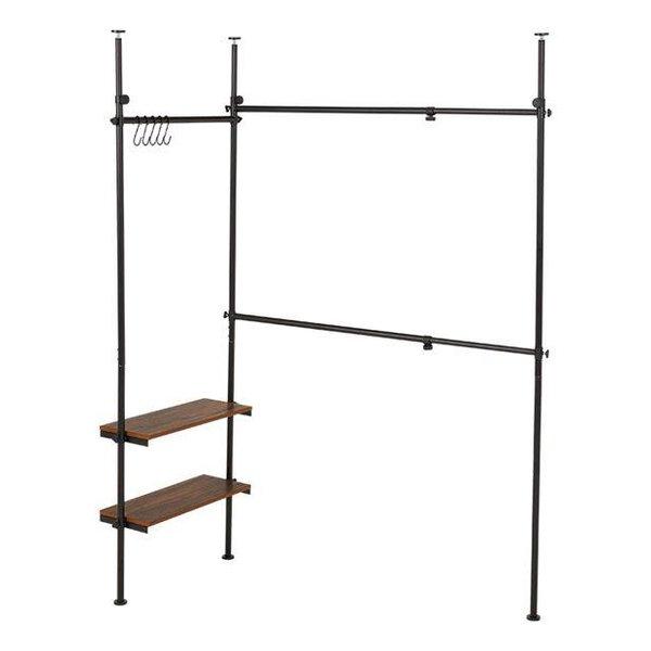 幅も高さも伸縮調整可能でアウターからボトムスまでたっぷり収納できるハンガーラック。バッグやボックス収納も置きやすい棚付き。L字型でお部屋のコーナー置きにも。