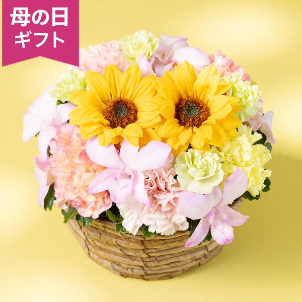 元気いっぱいの笑顔をプレゼントいつも元気なお母さんに贈りたいヒマワリの花は、見ているだけで明るい気分になります。 ヒマワリに加えて、トレンドフラワーでもある染めのデンファレと母の日に欠かせないカーネーションを合わせ、イエローやオレンジ、ピン...