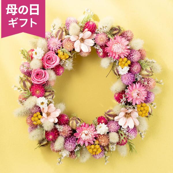 蓼科高原で種から大切に育てたドライフラワーで作った、母の日限定リースパッと咲いたヘリクリサムやプチフラワー、コロコロ可愛いセンニチコウが目を惹くフラワーリース。今年の母の日は、「もらうのも贈るのも楽しい」、みんなが笑顔になってくれそうな明る...
