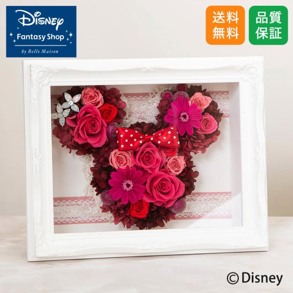 ピンクから赤のグラデーションのバラやジニア、アジサイで豪華なミニーシルエットのプリザーブドフラワーのフレームアレンジ。真っ白なヨーロピアン調のフレームがエレガントな花色をより際立たせ、高級感をかもし出します。フレームと壁掛けの2WAYタイプ...