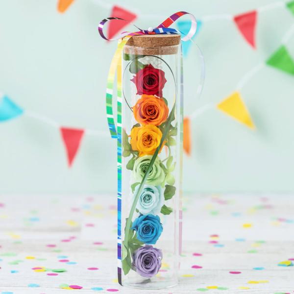 大切なあの方との「虹の架け橋」昔から「幸運」のサインとされる虹を7色のバラで表現した色鮮やかなシリンダータイプのアレンジメント。これからもずっと幸せでいて欲しい。そんな気持ちで贈りたいプリザーブドギフトです。オレンジ色のバラの花言葉「絆」と...