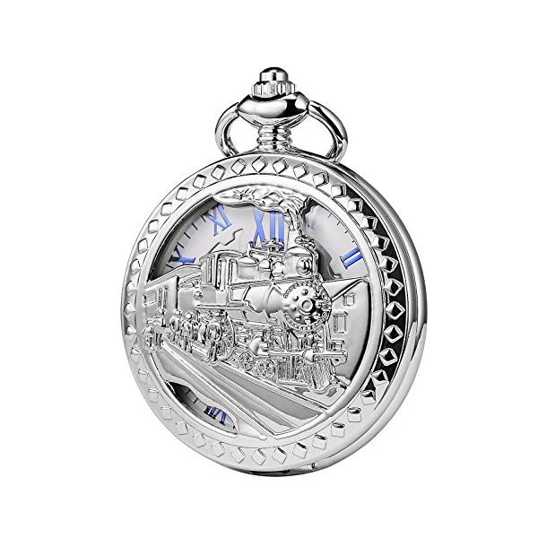 【ご購入後の当店からの連絡はご登録のメールアドレスに通知いたします。必ずご確認ください】【商品概要】特別なデザイン：繊細な3Dスチーム トレイン鉄道シルバー ケース、ブルー ローマ数字文字盤、スケルトン ダイヤルは非常にエレガントでスマート...