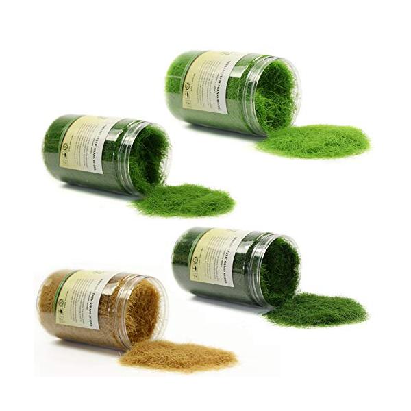 【ご購入後の当店からの連絡はご登録のメールアドレスに通知いたします。必ずご確認ください】【商品概要】12mm 人工芝生パウダー モデル草色：深緑，緑，薄緑，枯黄 。包装：300ml透明なプラスチック缶。パッケージに含まれるもの: 4x300...