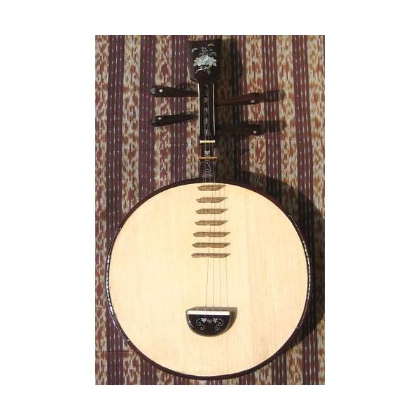 柄の部分が短い、ベトナムの小型月琴です。弦は4本あり、軽快で爽やかな音色が特徴です。また、美しい螺鈿装飾が施されています。(上質専用ケース付き。)サイズ-全長:約62cm、幅:約36cm。