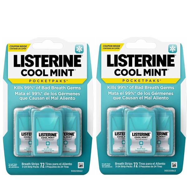 ジョンソンアンドジョンソン社から販売されています、リステリンクールミントポケットパックブレスストリップ1個の24枚入りの３個セットが２つ、合計で144枚入っています。シートタイプの口臭予防剤です。口臭の元になる細菌を99％殺菌し、口の中を清...