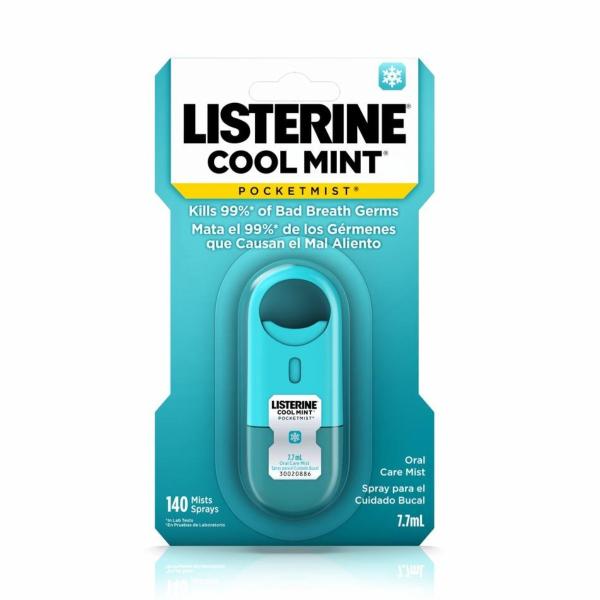 ジョンソンアンドジョンソン社から販売されています、リステリンポケットミスト(クールミント) 7.7ml　140回分入りです。口臭の元になる細菌を99％殺菌し、口の中を清潔に保ちます。使用方法：製品本体中央部分にある穴に指先を入れ下に押してお...