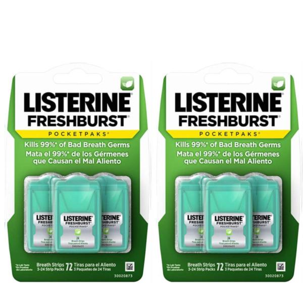 ジョンソンアンドジョンソン社から販売されています、リステリンフレッシュバーストポケットパックブレスストリップ1個の24枚入りの３個セットが２つ、合計で144枚入っています。シートタイプの口臭予防剤です。口臭の元になる細菌を99％殺菌し、口の...
