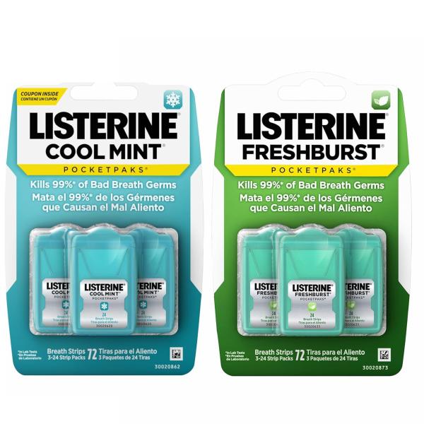 ジョンソンアンドジョンソン社から販売されています、リステリンポケットパックブレスストリップ、クールミント1個の24枚入りの３個セット１つとフレッシュバースト1個の24枚入りの３個セットが1つ、合計で144枚入っています。シートタイプの口臭予...