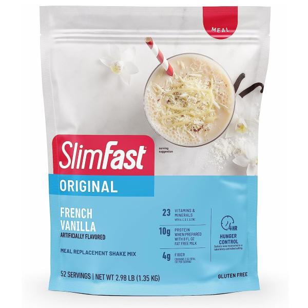 アメリカで最もポピュラーなダイエットシェイク、スリムファーストです。こちらはコスパNO.1の最も新しいフレンチバニラ味特大袋54食分入りです。製品内に含まれている軽量カップ1杯分のパウダーを約240mlのお水または牛乳に混ぜてお飲みください。