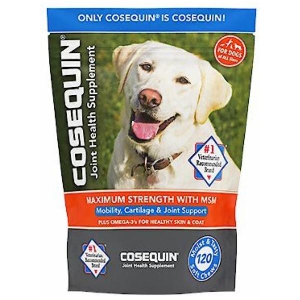 犬の足腰、間接の健康をサポートするNO.1のペット用サプリメント、コセクイン マキシマムストレングス MSM配合 120ソフトチュー入りです。おやつ代わりにお召し上がりいただけます。使用方法：最初の4−6週間ペットの体重:      4.5...
