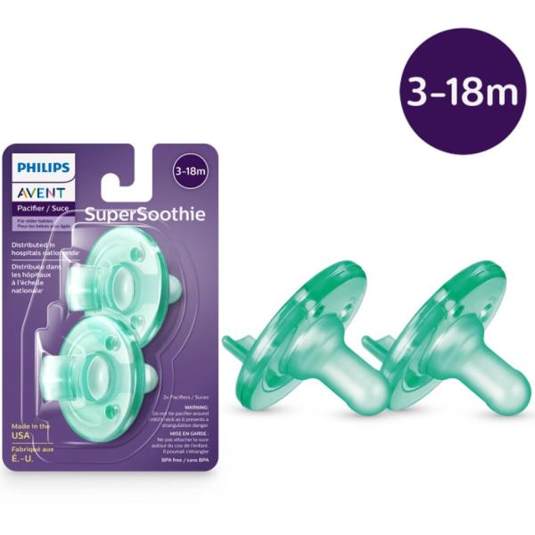 フィリップスの3-18ヶ月の赤ちゃん対象のおしゃぶり。グリーンが２つ入ったセットです。赤ちゃんの口の大きさと形状に配慮し、耐久性のある病院用シリコンでつくられており、BPAフリーのおしゃぶりです。※本商品はプラスチックカバーがたいへん薄い糊...