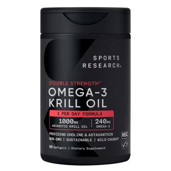 スポーツリサーチ社から販売されています、オメガ3 クリルオイル（オメガ3脂肪酸系）アスタキサンチン配合 1000mg 90粒入り　3か月分には1粒にクリルオイルが1000mg配合された大変高濃度、高品質の製品です。魚臭い後味はありません。使...