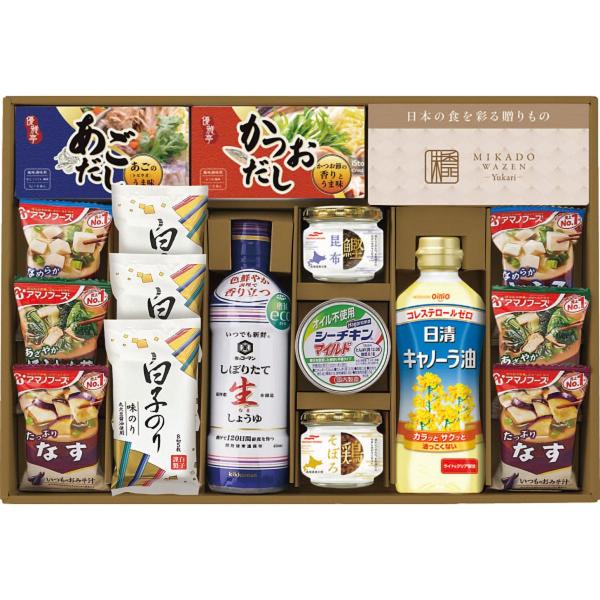ご家庭で重宝するバラエティ豊かな食品ギフトセット。返礼品などのフォーマルギフトとして定番の調味料バラエティギフトセット。毎日の食卓で重宝する食品を詰め合わせました。■商品内容●キッコーマンいつでも新鮮しぼりたて生しょうゆ450ml、白子のり...