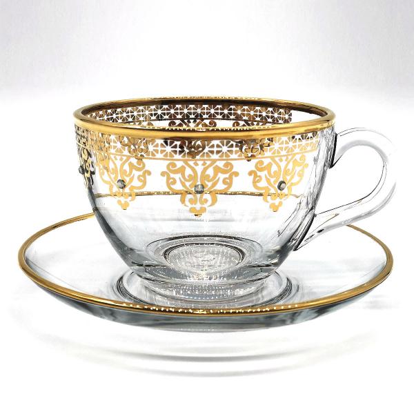 トルコチャイ 耐熱グラスカップ（持ち手付き）＆ソーサー セット 名称：トルコチャイグラス＆ソーサー 2点セット B-04 MTSCG-5サイズ：カップ（持ち手付き）：高さ6.5cm 口径9cm　ソーサー：直径14cm容量：238ml素材：ガ...