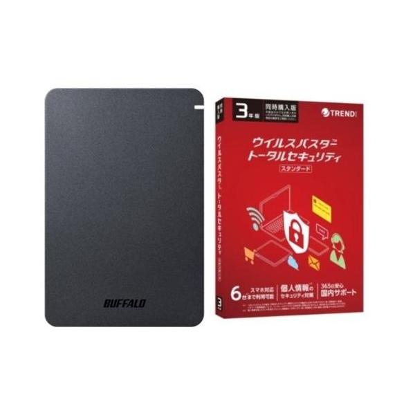 ■4981254050262 バッファロー HD-PGF2.0U3-BBKA(ブラック)ポータブルHDD 2TB USB3.1(Gen1)/3.0/2.0接続 耐衝撃 と 4988752020742 ウイルスバスター トータルセキュリティ ...
