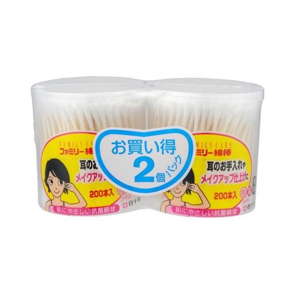 ■円筒ケースに入った、紙軸タイプのファミリー綿棒のお得な2個パックです。お風呂上りや水泳の後の耳のお手入れや、細かい部分の清掃、塗布に便利にご使用いただけます。200本入り、2コパック。