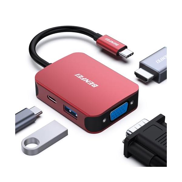 ・  000310red・コンパクト USB C ハブ - BENFEI USB Type-C to HDMI+USB+VGA+Power Delivery アダプターは、USB-C ラップトップに HDMI ポート 1 つ、VGA ポート...