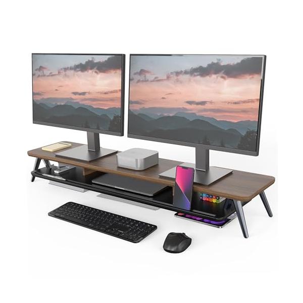 ブラウン＆黒/幅108cm/-・Color:ブラウン＆黒Size:幅108cm・【収納プラス・デスク上をすっきり】：モニター台２段式で上段は３部分に分かれてスマホやタブレットはもちろん、モノを種類ごとに仕切りながらさまざまなものを収納できま...