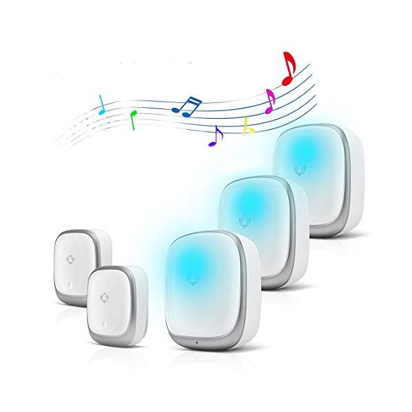 2T3・2送信機+3受信機 2送信機+3受信機 B111・【７色の光と38曲選択可能の音で呼び出し】玄関チャイムの発信機を押せば、呼出し音が鳴ると同時に、7色のLEDランプが点滅してお知らせします。老人か耳の不自由の方に大変便利です。メロデ...