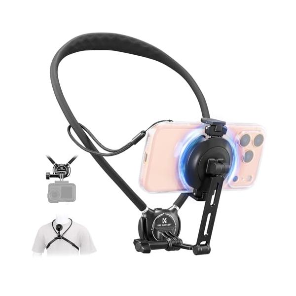 首掛けスマホホルダーブラック/-/-・【革新的設計！磁力＋クリップの首掛けスマホホルダー最強コンビ】内蔵16個のN52強力ネオジム磁石（吸着力2500gs）により、MagSafe対応iPhoneや磁気対応ケースはパチッと簡単装着。非対応機も...