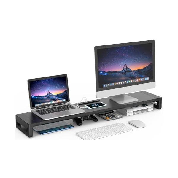 黒-コンセント付き/-/-・Color:黒-コンセント付き・モニター台は、様々な状況で非常に役に立ちます。1*USB，2*2口コンセント付きなので、デスクで本棚やプリンター・ファクス機のスタンドとして、広い用途に使用でき、大変便利です。 普...