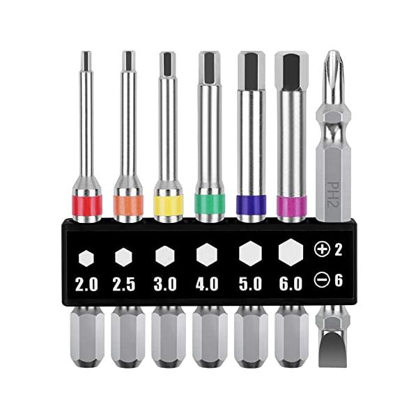 ・ 65mm 7本組 ・・Size:65mm 7本組・【商品仕様】サイズ:対辺2/2.5/3/4/5/6×65mm(片頭ヘックス各1本)、＋2/-6×65mm(双頭ビット1本)。セット内容：7本組。シャンク径:6.35mm。素材:クロムバナ...