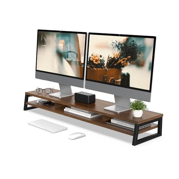 ブラウン/-/-・Color:ブラウン・【デスク周りを整理整頓するモニター台】パソコン台2段で上段は3部分に分かれてモノを種類ごとに仕切って収納に苦手な人でも簡単に収納できます。下段の空間はキーボード、マウスなどの周辺機器を整理し、デスクの...